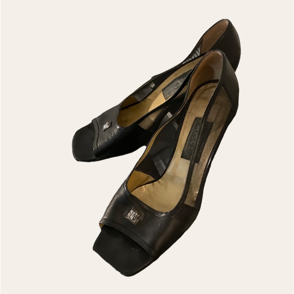 Versace Vintage Medusa Head Netted Square Toe Heels - Gem